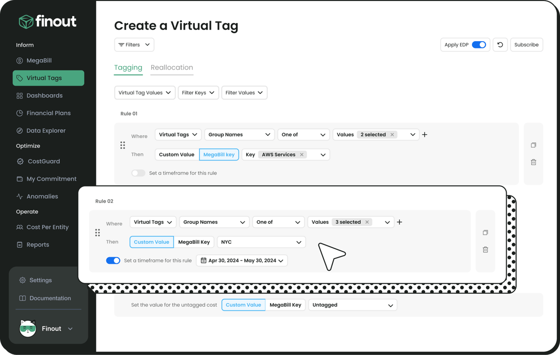 Finout's Patented Instant Virtual Tagging - Showback & Chargeback